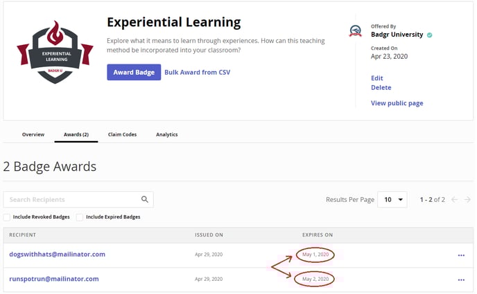 Creating and awarding badges with expiration dates in Badgr